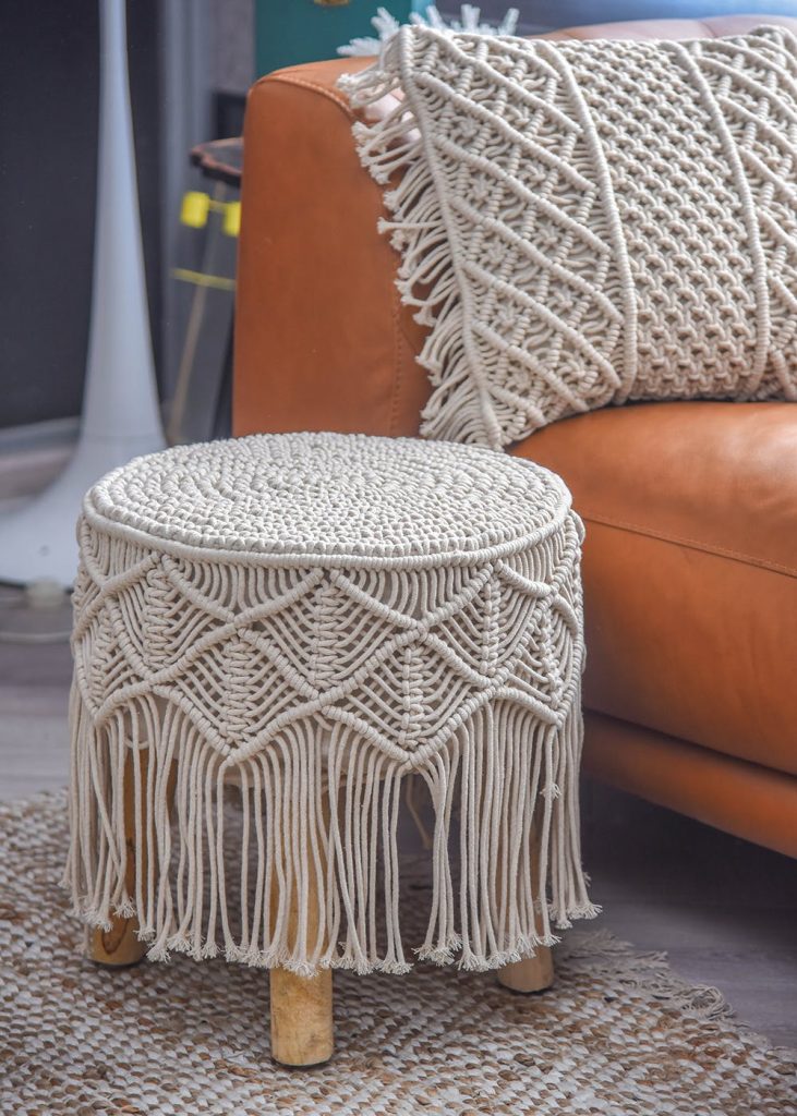 Luxurious Handmade Macrame Ottoman stool in Off White colour by Kaahira